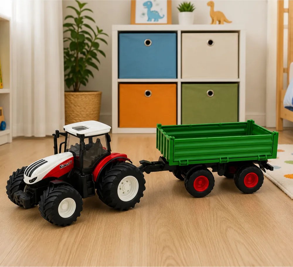 LEAN Toys Zemědělský traktor s vyklápěcím přívěsem, dálkově ovládaný, světla a zvuky, měřítko 1:24