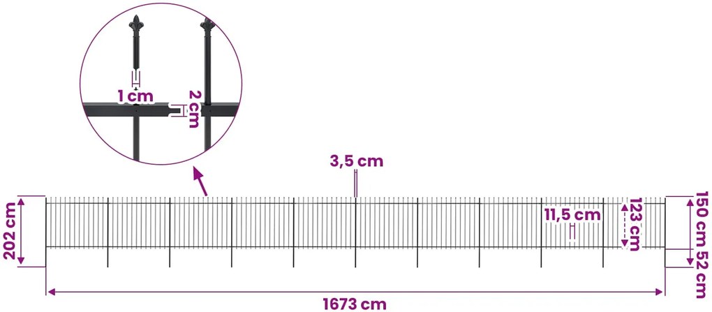 Zahradní plot s kopím nahoře ocelový 1673 x 150 cm černý 277638
