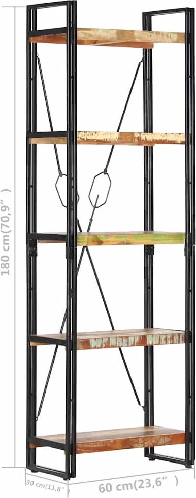 Knihovna s 5 policemi 60x30x180 cm masivní recyklované dřevo 286585