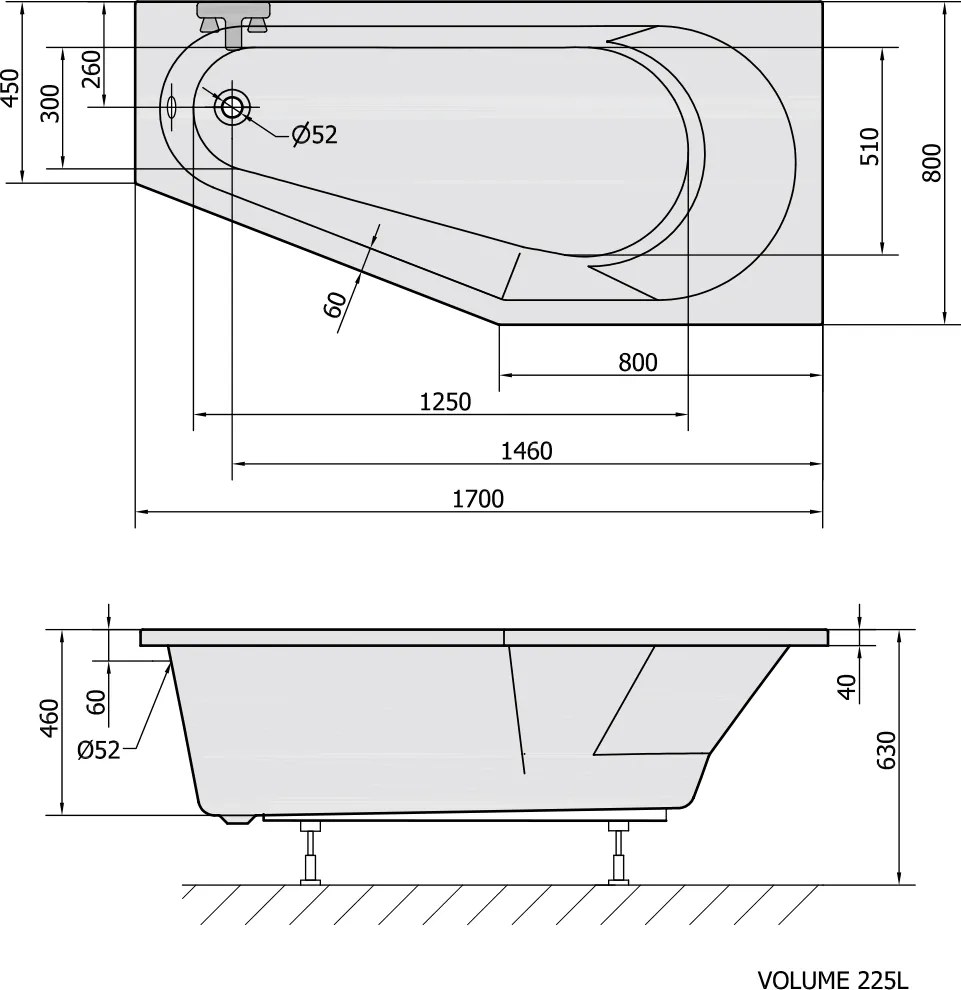 Polysan TIGRA R 170 x 80 x 46 cm asymetrická vana pravá černá mat 90611.21