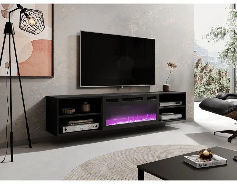 TV skříňka/stolek s krbem Loloz 180, Barva: černá + černá+ bílý lesk