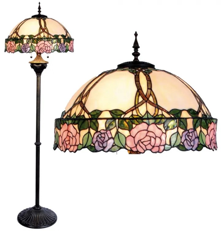 Stojací lampa Tiffany Prunellie růžovo zelená s motivem růží – 164 cm