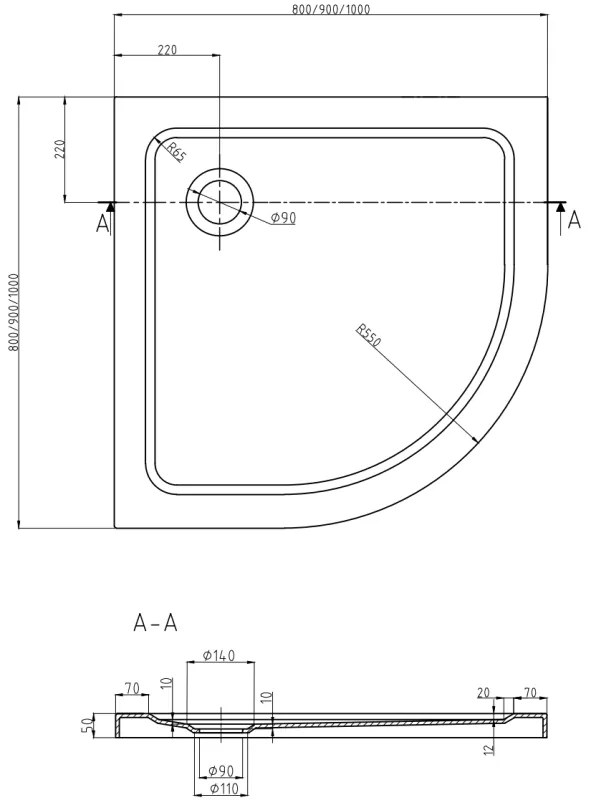 Mexen Flat polokulatá vanička do sprchového koutu slim 100 x 100 cm, Bílá, sifon Zlatá - 41101010G