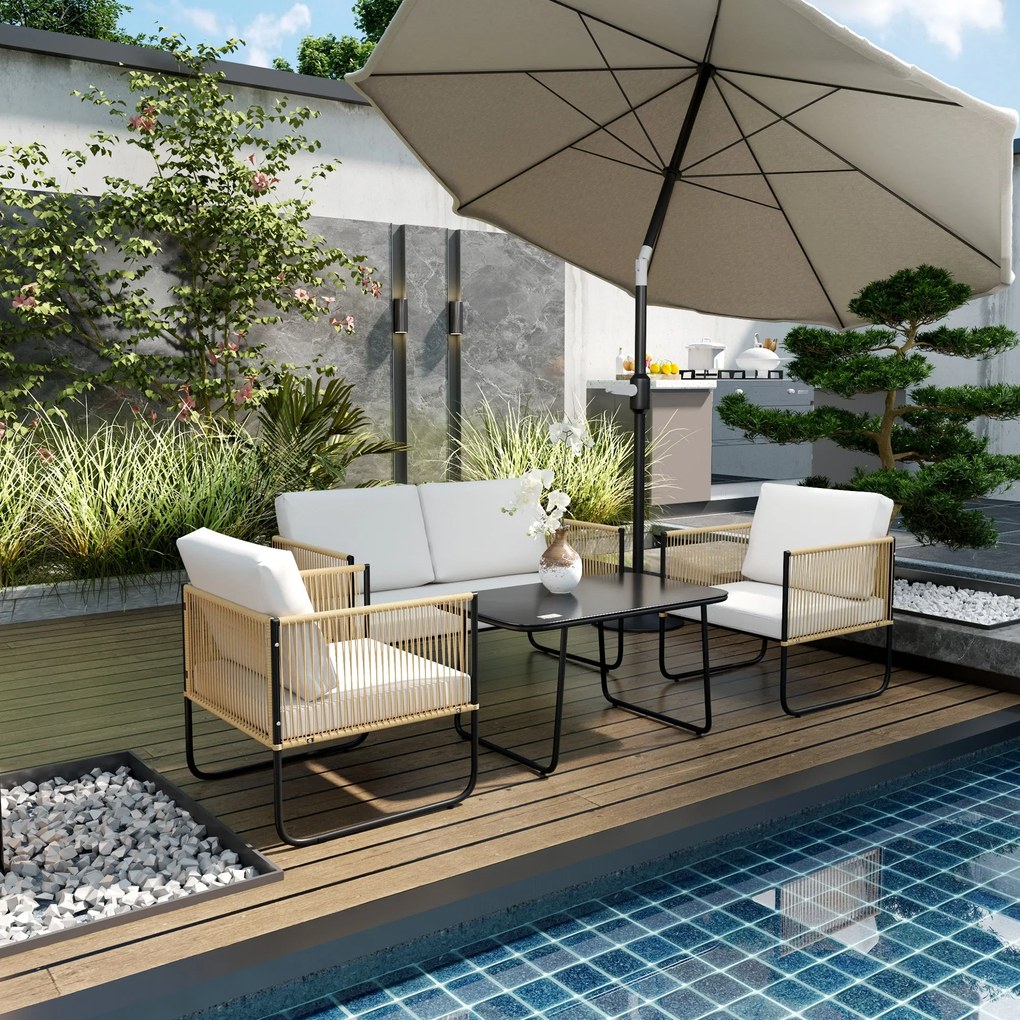 Outsunny Zahradní Souprava pro 4 Osoby, Balkonová Ratanová Lounge se 2-místnou Pohovkou, Křesly, Skleněným Kávovým Stolkem, Odnímatelnými Polstrování…