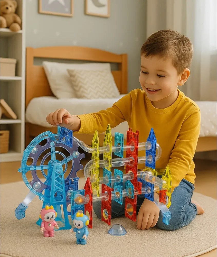 LEAN Toys Magnetické prostorové kostky, kuličková dráha, postavičky, svítící, 120 ks.