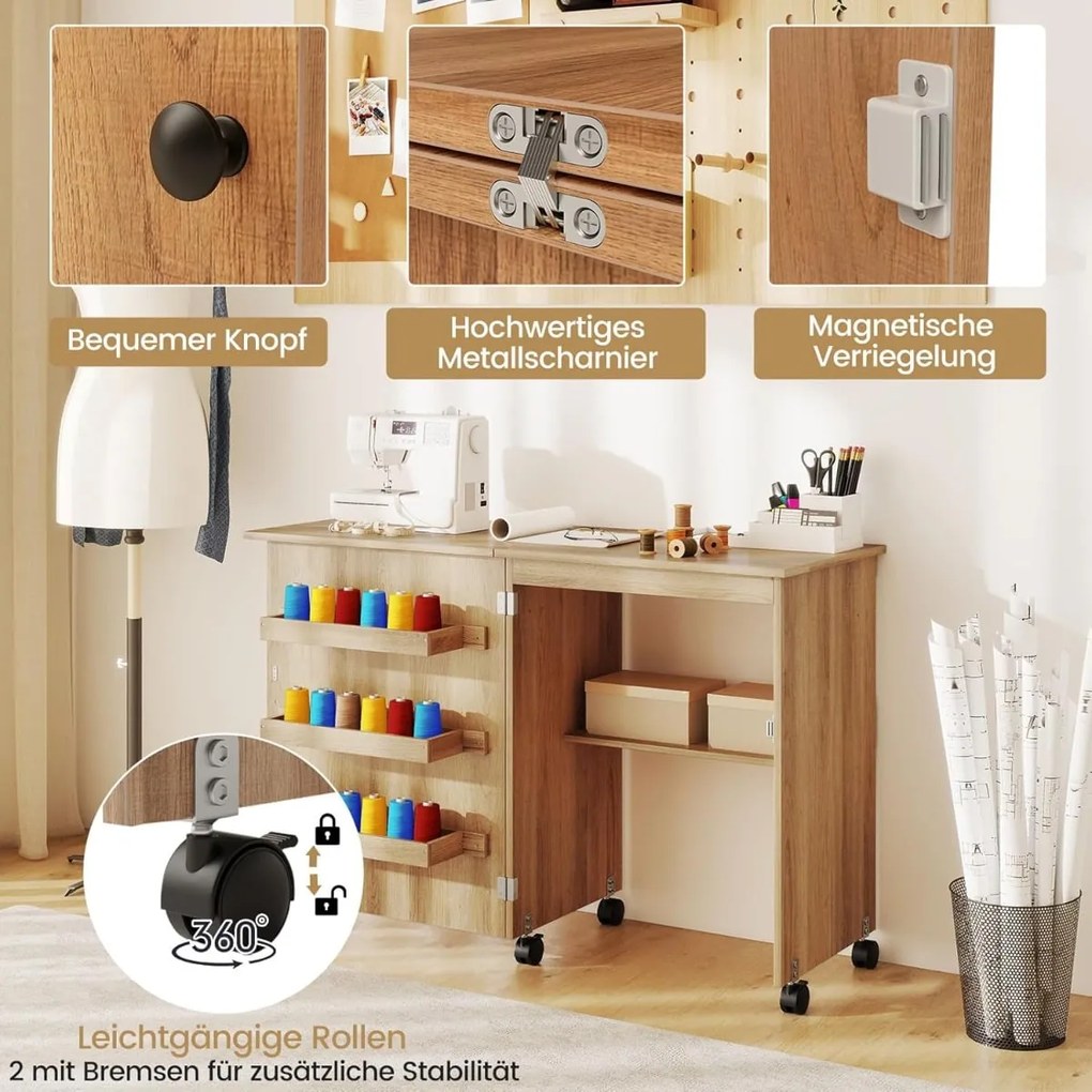 Costway Pojízdný skládací šicí stolek s úložnými boxy, přírodní