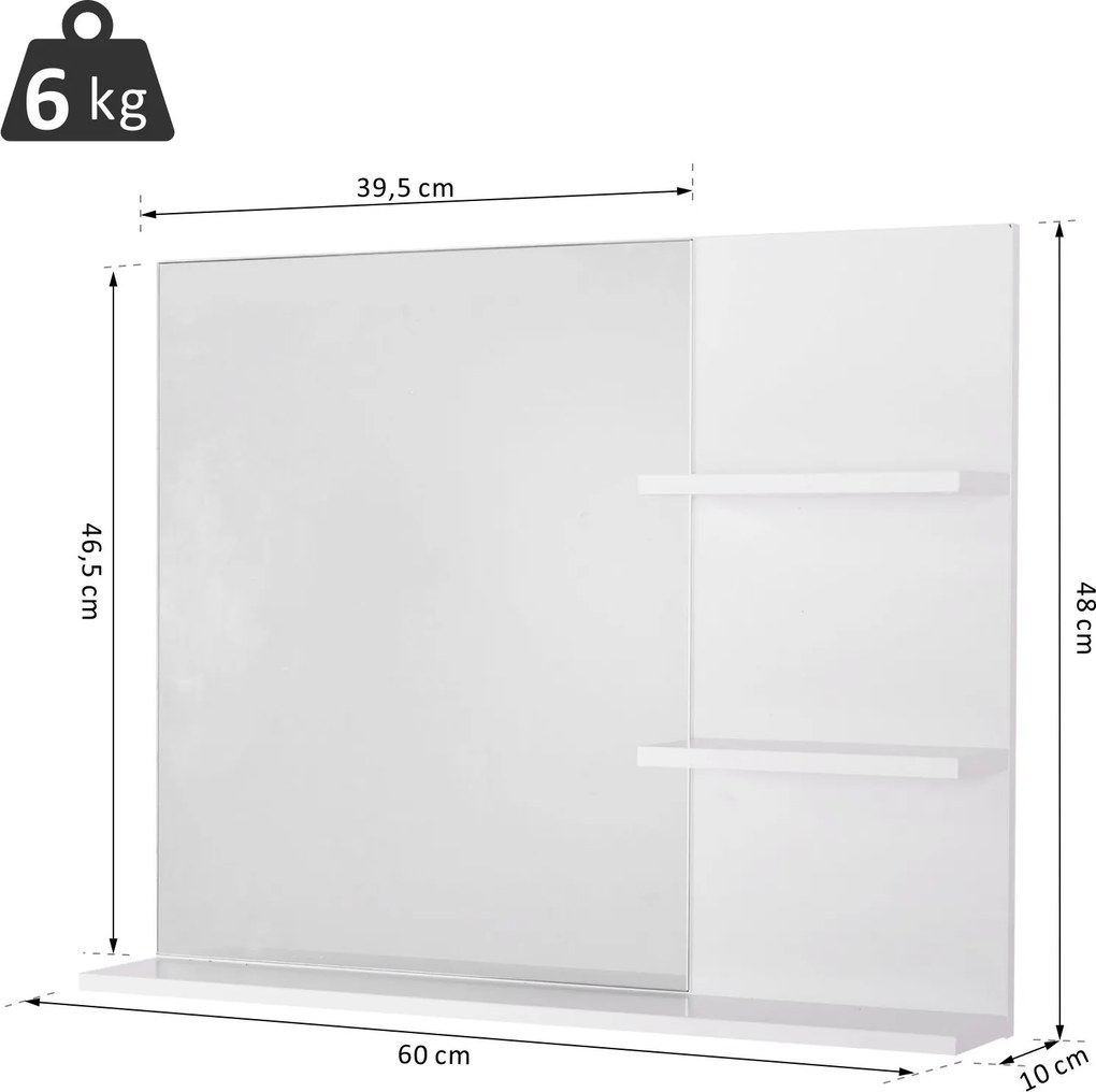 kleankin koupelnové zrcadlo nástěnné zrcadlo se 3 policemi, zrcadlová polička do koupelny, MDF bílá 60x10x48cm, moderní design pro pořádek