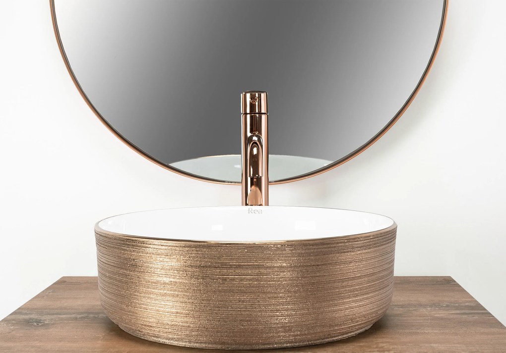 Keramické umyvadlo na desku REA SAMI BRUSH ROSE GOLD ø 36 cm bílo/růžové zlato