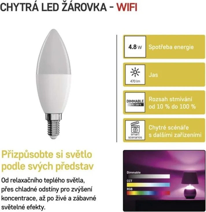 Chytrá LED žárovka GoSmart E14 4,8W 230V Wi-Fi RGB stmívatelná