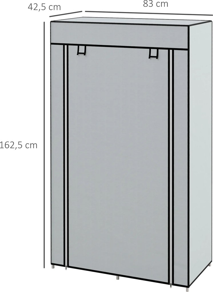HOMCOM Látková šatní skříň prostorově úsporná šatní skříň s 5 přihrádkami a tyčí na oblečení, zapínání na zip, skládací šatní skříň ve světle šedé ba…