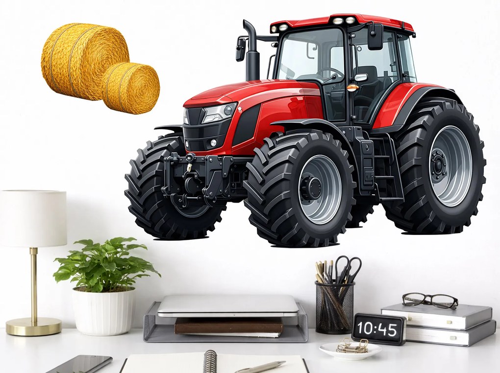 Červený traktor textilní přelepitelná samolepka na zeď arch 46 x 30 cm