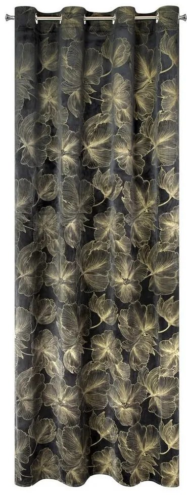 Záclona 140x250 Stella black gold flowers ready on loop Eurofirany