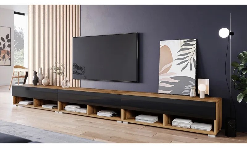 TV stolek Adenik 300, Barva: wotan / černý lesk, Osvětlení: osvětlení LED - bílé