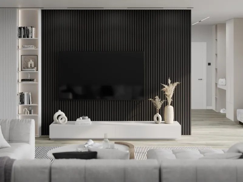 Mexen Lam-F, akustické stěnové lamely 275 × 30 cm, plstěný podklad 8 mm, technická dýha, eben černý, S105-275307-3015-023