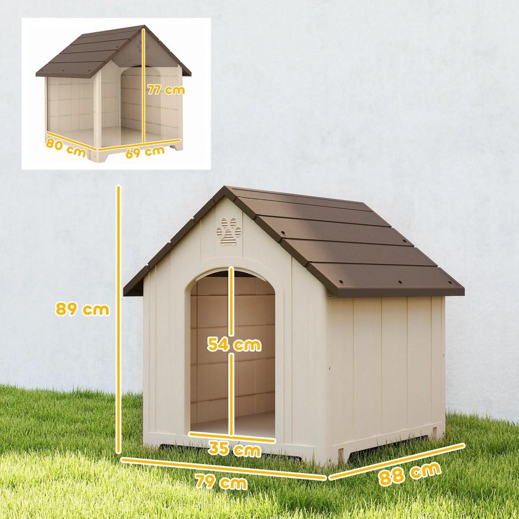 PawHut zvýšená venkovní bouda pro střední a velké psy — šikmá střecha, větrání a zemní kolíky, PP, 88 × 78 × 89 cm (béžová/tmavě hnědá)