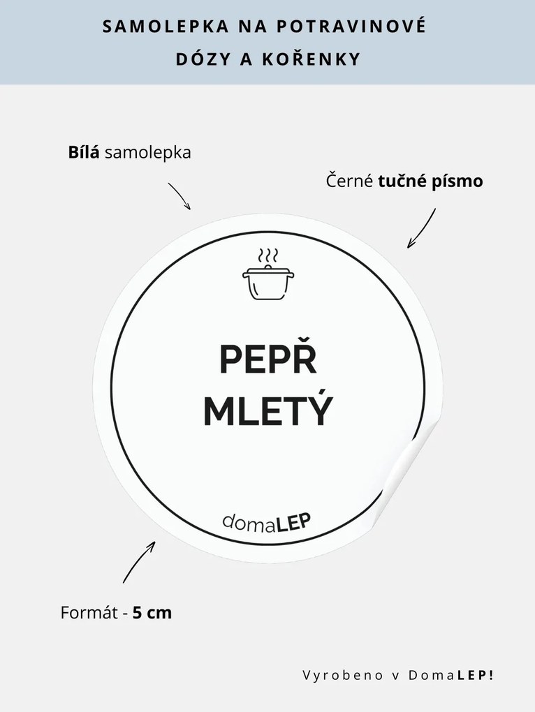 Samolepka na kořenky PEPŘ MLETÝ bílá 5 cm tučné písmo