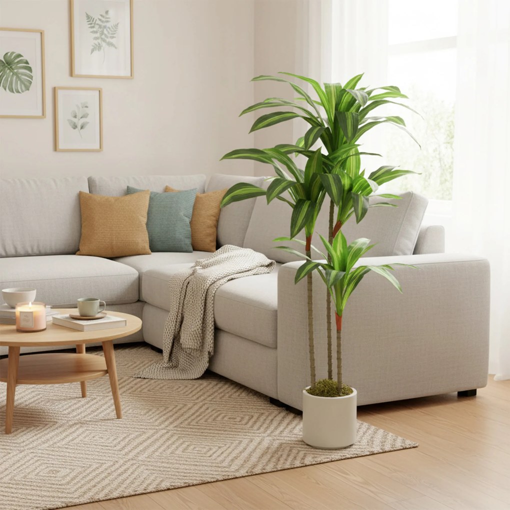 HOMCOM umělá rostlina Dracaena s ohebnými větvemi, bílý květináč (PP + cement) – listy PEVA, dřevěný kmen, 60 × 40 × 120 cm