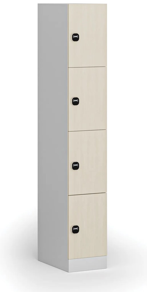 Šatní skříňka S1 s úložnými boxy, 4 boxy, 1850 x 300 x 500 mm, RFID zámek, laminované dveře, bříza
