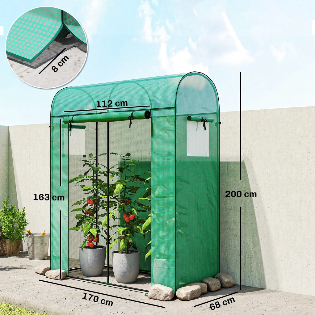 Outsunny Skleník na rajčata Fóliový skleník s rolovacími dveřmi Okno ze síťoviny Oblouková střecha 170 x 68 x 200 cm Zelený