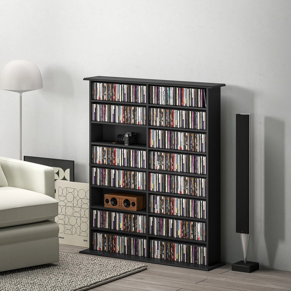 HOMCOM Moderní Knihovna s 16 Policemi pro 720 CD, Držák na CD z Dřevotřísky, 106,5x24x123,7 cm, Černá
