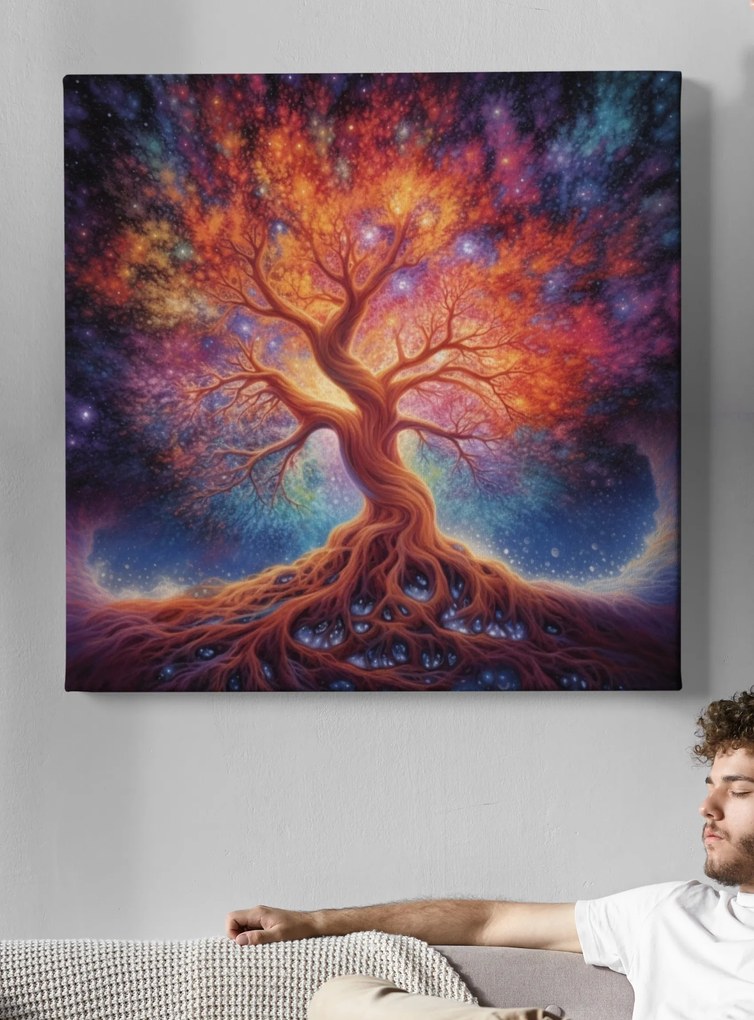 Obraz na plátně - Strom života napojen na vesmír FeelHappy.cz Velikost obrazu: 140 x 140 cm