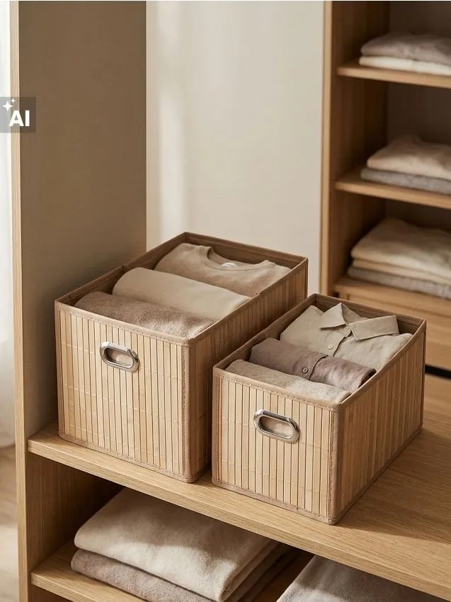 Sinsay - Sada úložných boxů s bambusovou přední částí 2 pack - béžová
