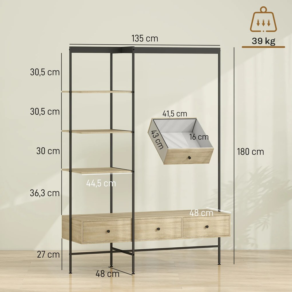 HOMCOM věšák 4 v 1 s policemi, zásuvkami a tyčí — dubový dekor, 180 cm