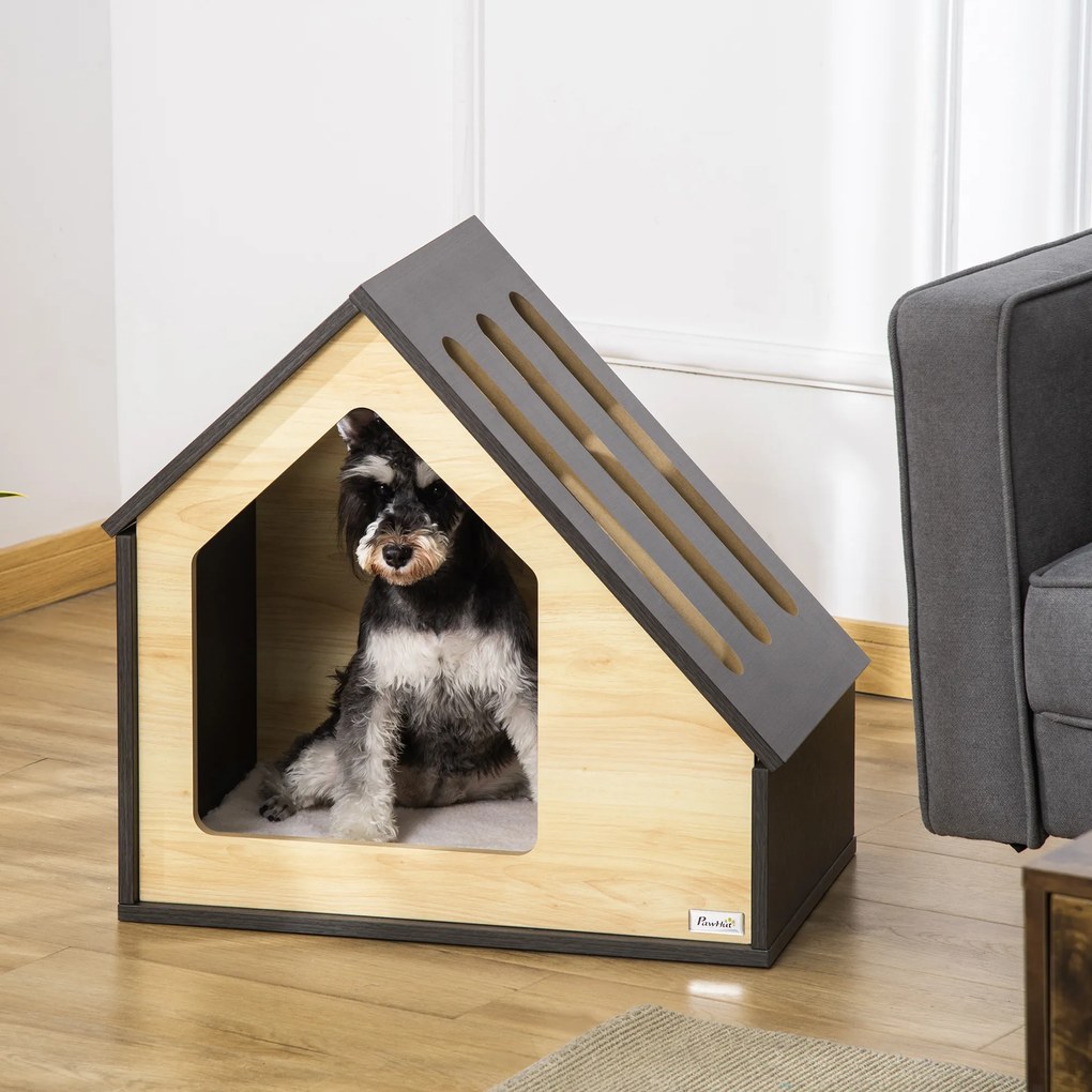 PawHut dřevěná bouda pro psy Útulná vnitřní jeskyně pro kočky a psy s polštářem, pro malé psy do 8 kg, 60x40x59,2 cm| Aosom