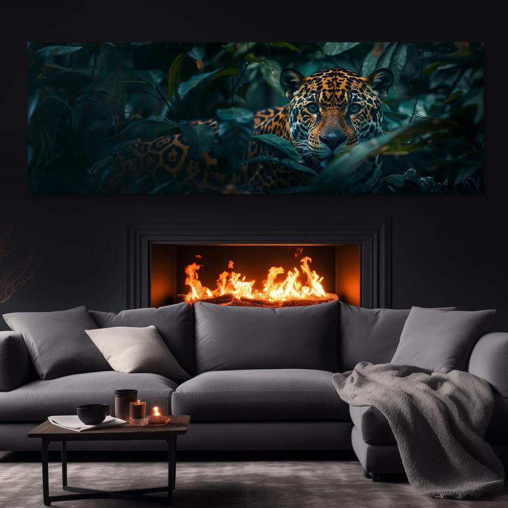 Obraz na plátně - Jaguár skrytý v temné džungli FeelHappy.cz Velikost obrazu: 240 x 80 cm