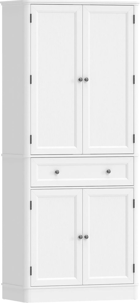 HOMCOM 186,4 cm vysoká kuchyňská skříň se 4 dvířky, zásuvkou a nastavitelnými policemi, bílá – 80 x 39,5 x 186,4 cm | Aosom