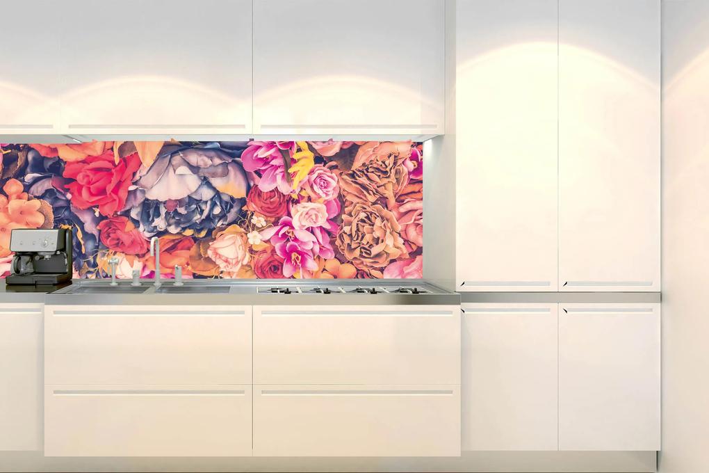 DIMEX | Fototapeta do kuchyně Květinové zátiší KI-180-178 | 180 x 60 cm | růžová, meruňková, modrá, oranžová