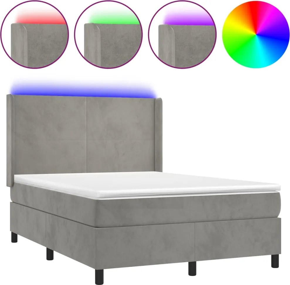 Box spring postel s matrací a LED světle šedá 140x190 cm samet 3139439