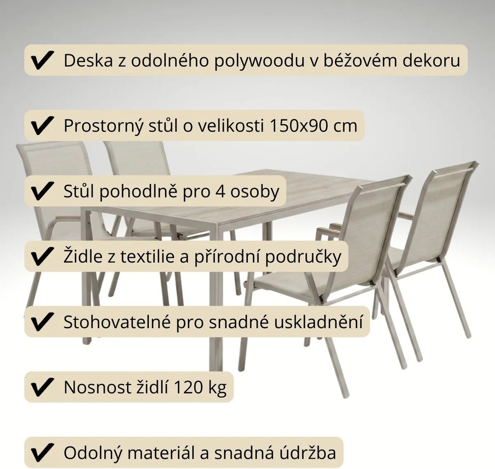 Vikio Zahradní jídelní set 150x90 pro 4 osoby bežová AZS156BE-4