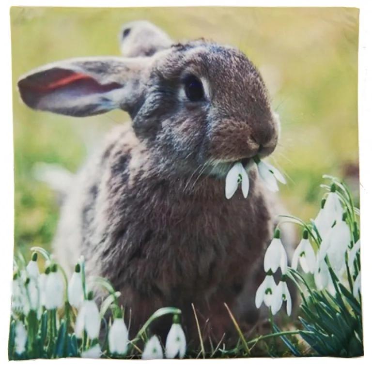 Zelený povlak na polštář s králíčkem a sněženkami – 45x45 cm