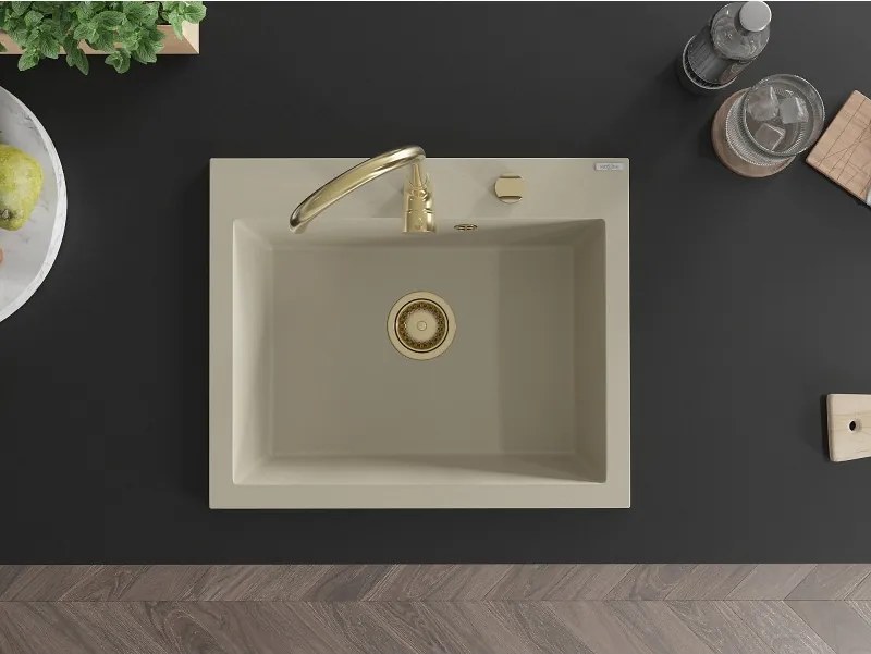Mexen Elix, 1korový granitový dřez 600 x 500 mm, béžová, zlatý sifon, 6525601005-69-G