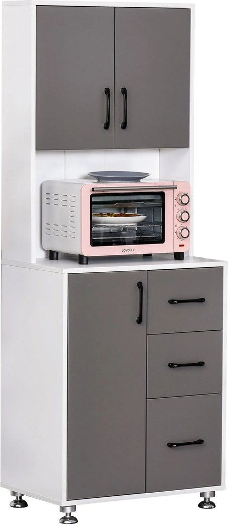 HOMCOM Kuchyňský bufet s více úložnými prostory 2 + 1 dvířka 3 zásuvky + Velký pracovní stůl Rozměry 60L x 40W x 160H cm Šedá Bílá