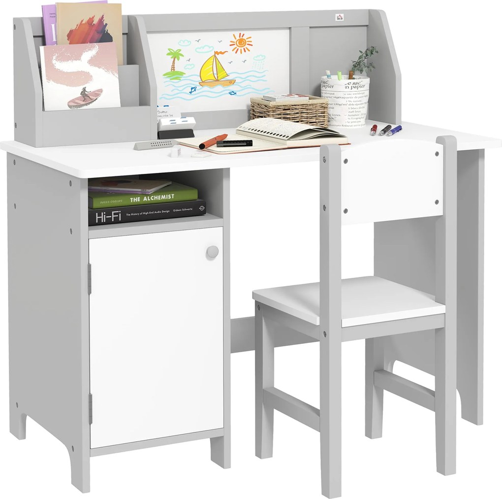 HOMCOM Dětská sada stolu a židle s tabulí, dřevěný studijní stůl pro děti od 5 let, dětský psací stůl 90x45x85 cm Šedý | Aosom