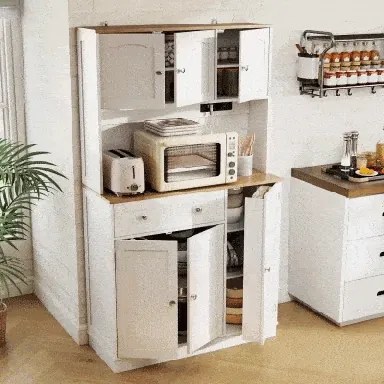 HOMCOM vysoký kuchyňský buffet, kuchyňská skříňka, nabíjecí stanice, 6 dveří, pracovní deska, držák na koření, 100x40x173 cm, bílá