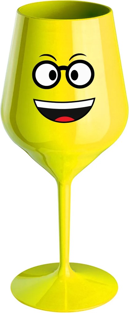 SMAJLÍK S BRÝLEMI - žlutá nerozbitná sklenice na víno 470 ml