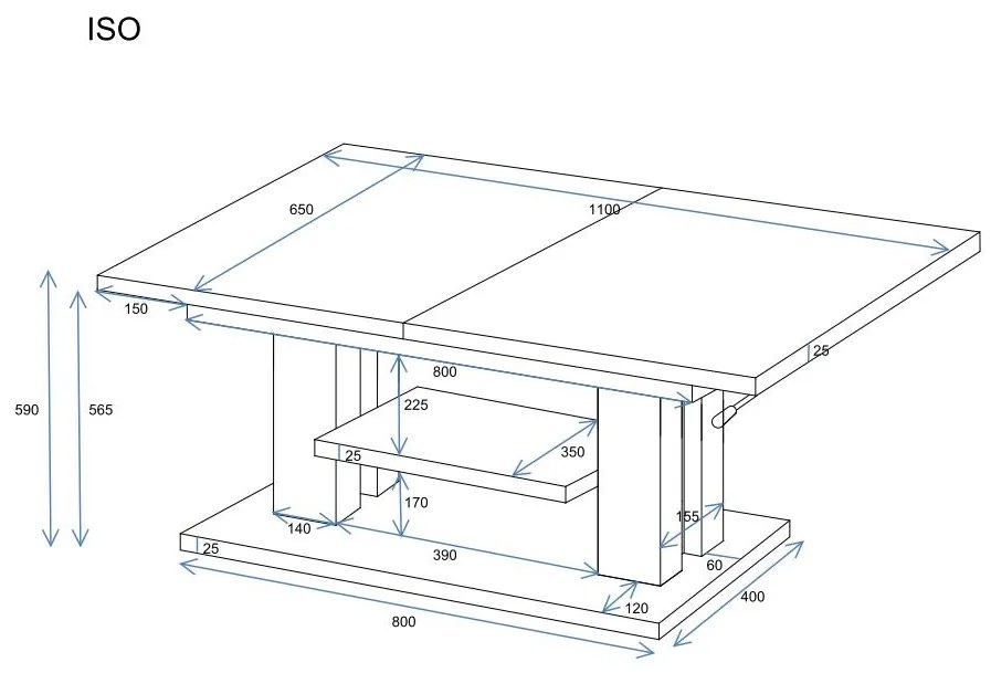 konferenční stolek rozkládací a zvedací ISO 65x110/170