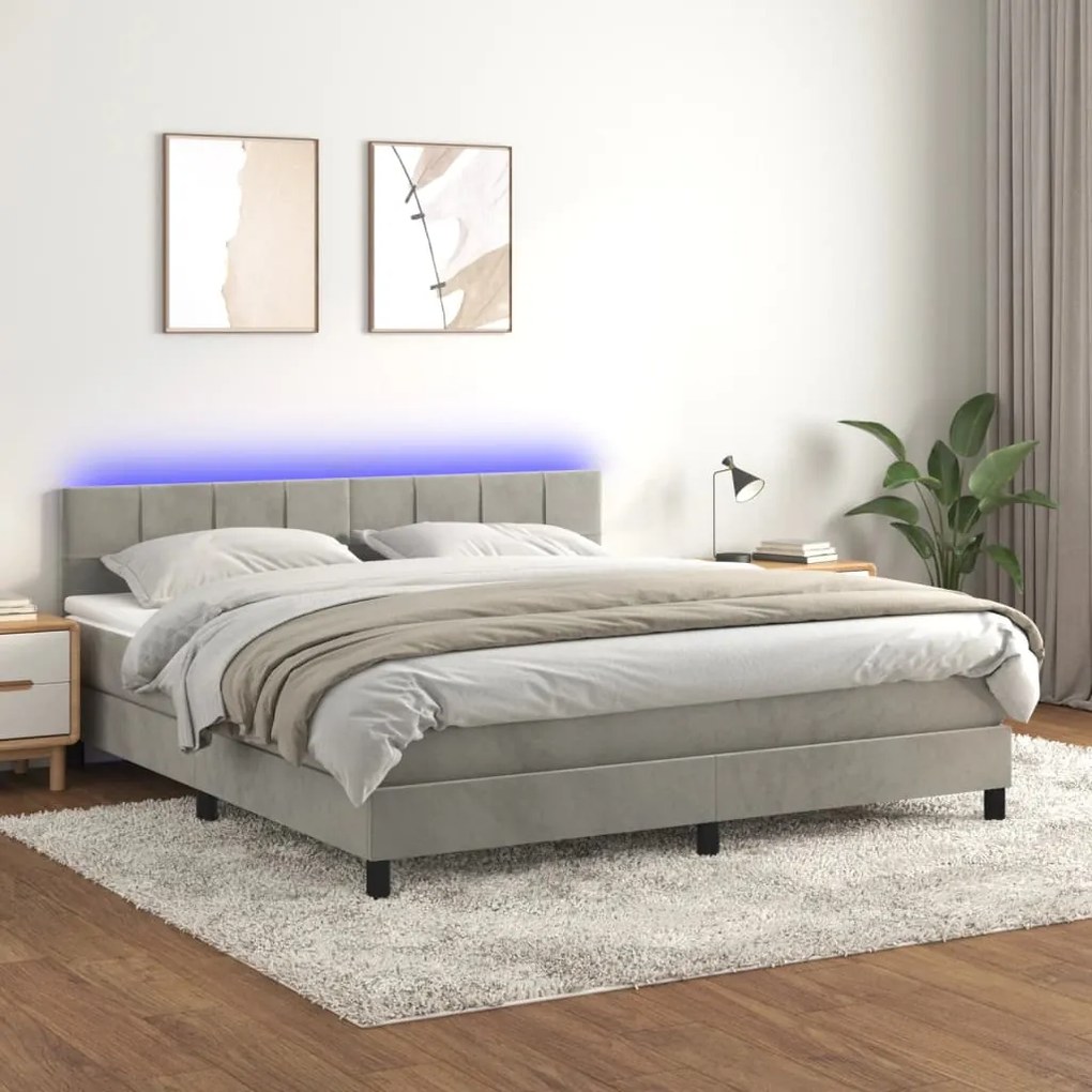 Box spring postel s matrací a LED světle šedá 160x200 cm samet 3134411