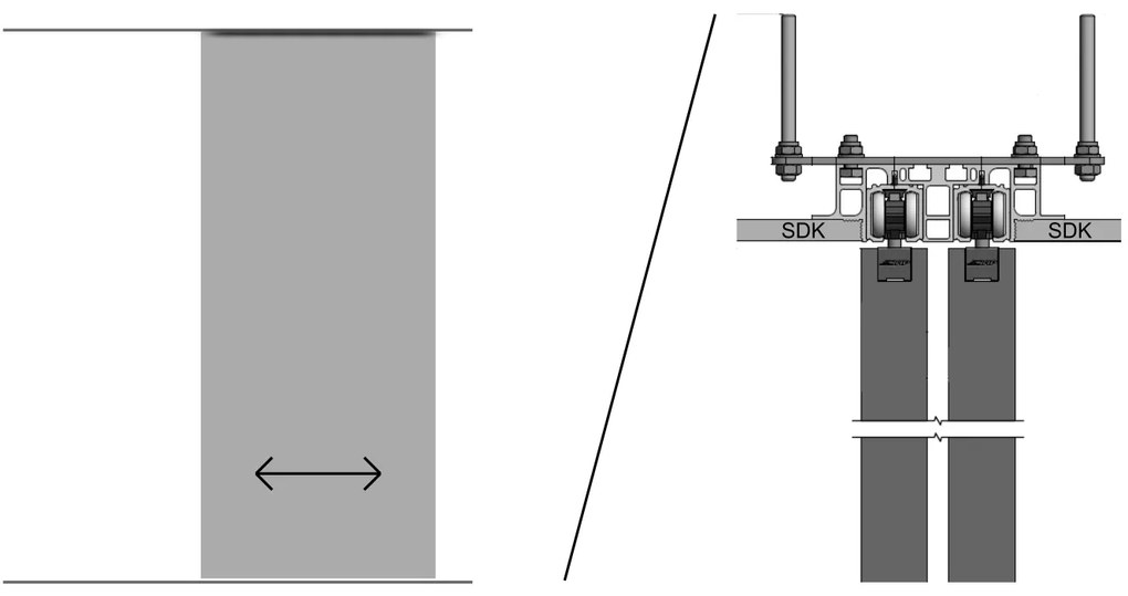 JAP Dvoukolejnicový posuv do stropu skrytý PREMIUM - podhled z obou stran - ELOX šířka průchodu/ délka kolejnice: 80/ 170 cm, typ kotvení: do zdi + závitové tyče