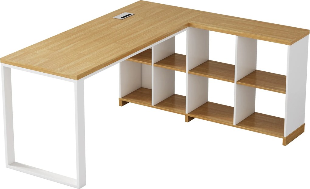 Rohový kancelářský stůl s regálem Houseland Nuvia Home 02 160 cm dub/bílý