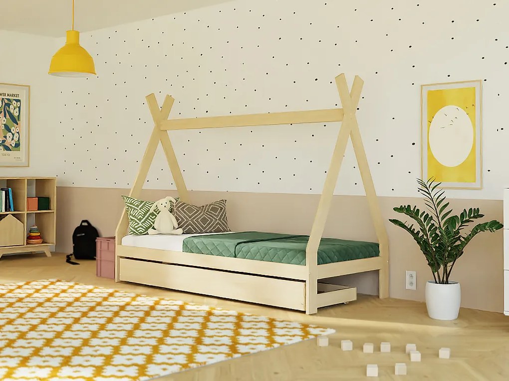 Benlemi Rostoucí dětská postel SWITCH 2v1 ve tvaru teepee s úložným šuplíkem Zvolte barvu: Nelakovaná, Zvolte rozměr: 90x160 cm