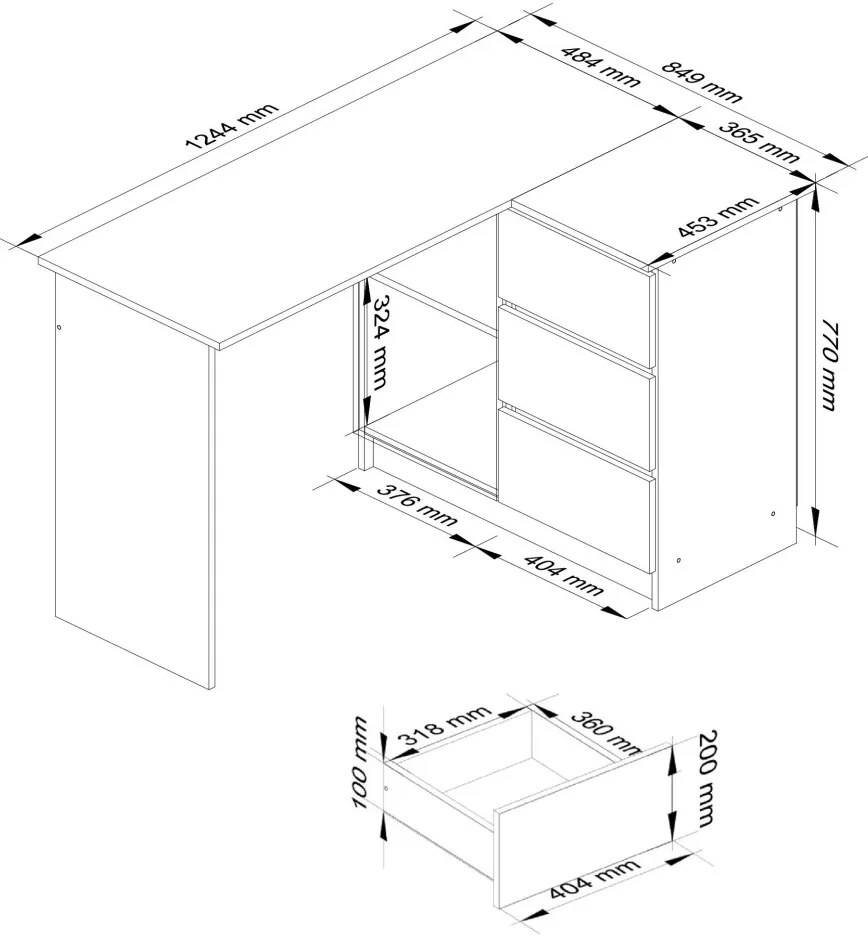 Rohový psací stůl B16 124 cm dub sonoma/bílý pravý