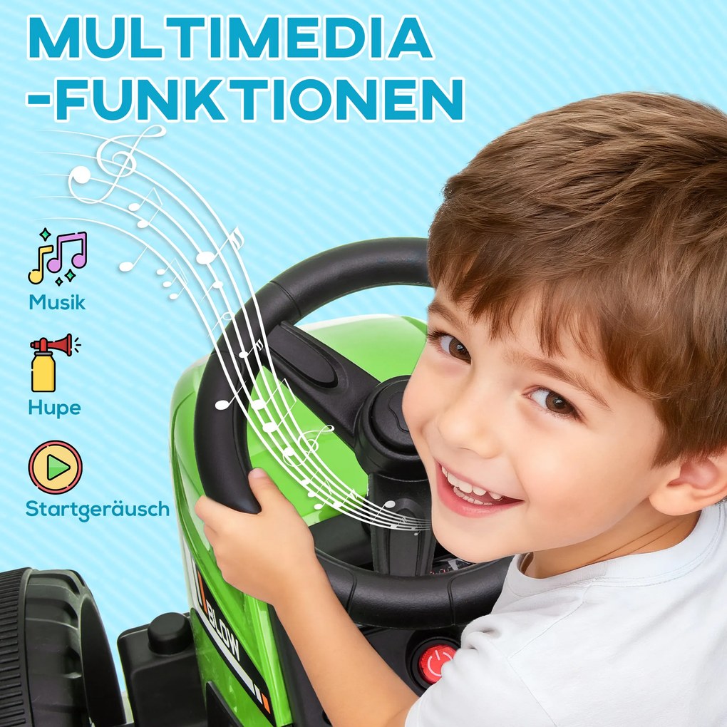 HOMCOM Elektrický traktor s přívěsem, dětské elektrické autíčko na dálkové ovládání, dětský traktor s funkcí MP3, světlomety