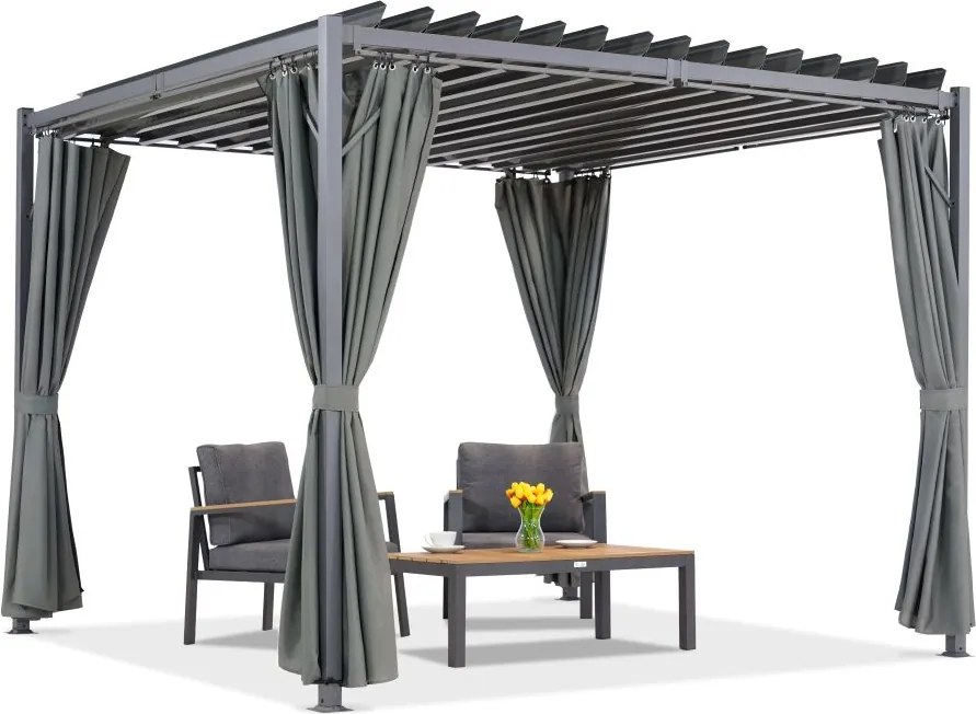 Antracitová terasová pergola Tasos 3x3 m se závěsy Garden Point