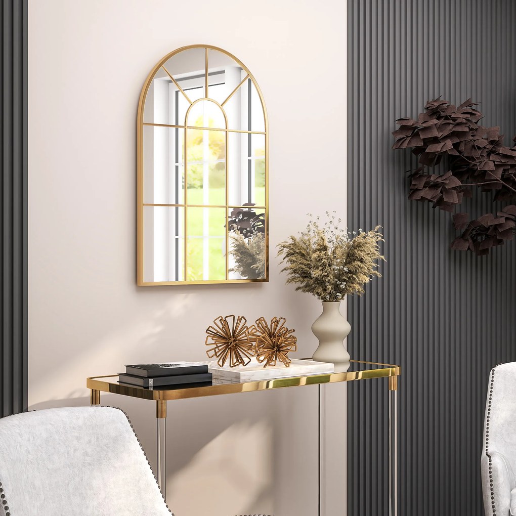 HOMCOM nástěnné zrcadlo okenní zrcadlo 91 x 60 cm dekorativní s kovovým rámem závěsné zrcadlo do obývacího pokoje ložnice ve zlaté barvě