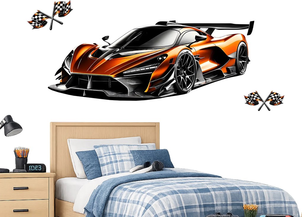 Oranžový sporťák textilní přelepitelná samolepka na zeď arch 75 x 29 cm
