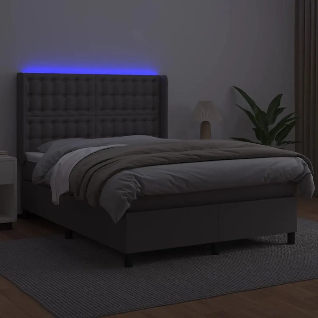 Box spring postel s matrací a LED šedá 140x200 cm umělá kůže 3139389